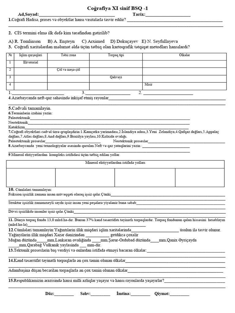 Coğrafiya XI. BSQ-1 | PDF