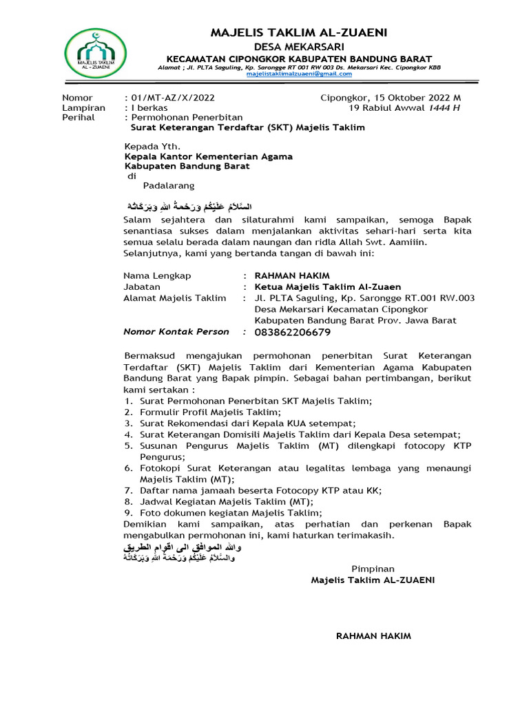 Proposal Pengajuan SKT MT Alzuaeni 2022 | PDF