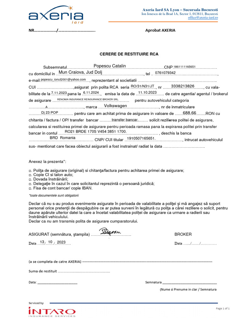 Cerere Restituire Prima AXERIA | PDF