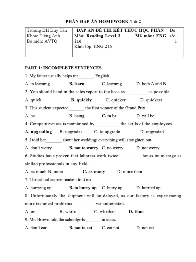 PHẦN ĐÁP ÁN HOMEWORK 1 | PDF | Employment