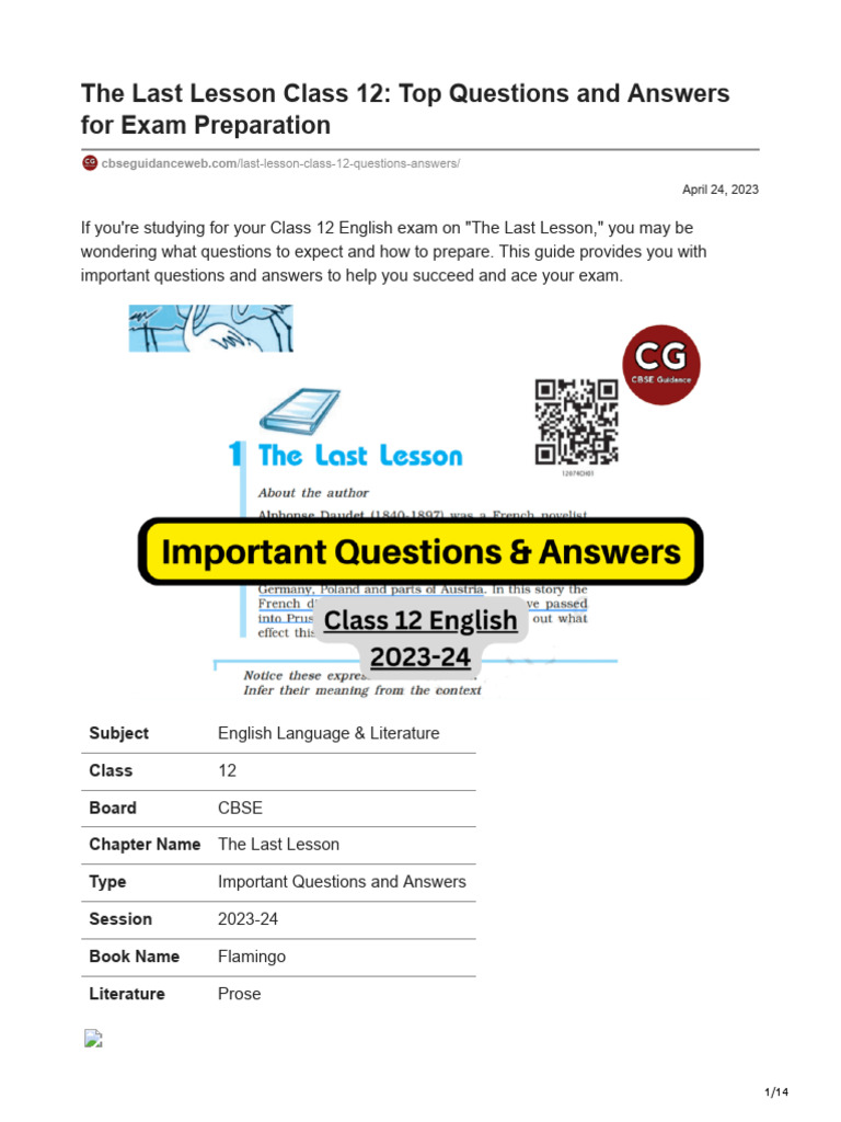 The Last Lesson Class 12 Top Questions and Answers For Exam Preparation ...