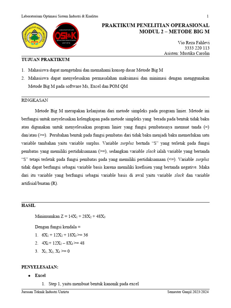 Tugas Mingguan Vio Reza Fahlevi Modul 2 Metode Big M | PDF | Teaching ...