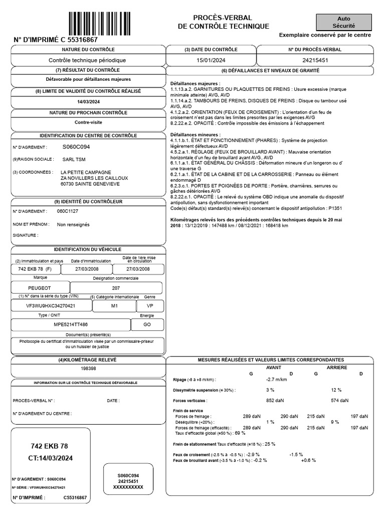 Procès-verbal de contrôle technique auto | PDF | Véhicule motorisé | Constructeurs automobiles