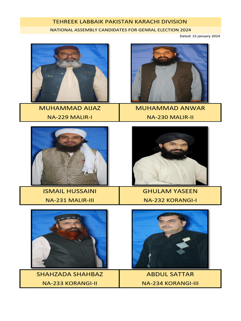 TLP - Candidates LIST For National Assembly Elections 2024 | PDF