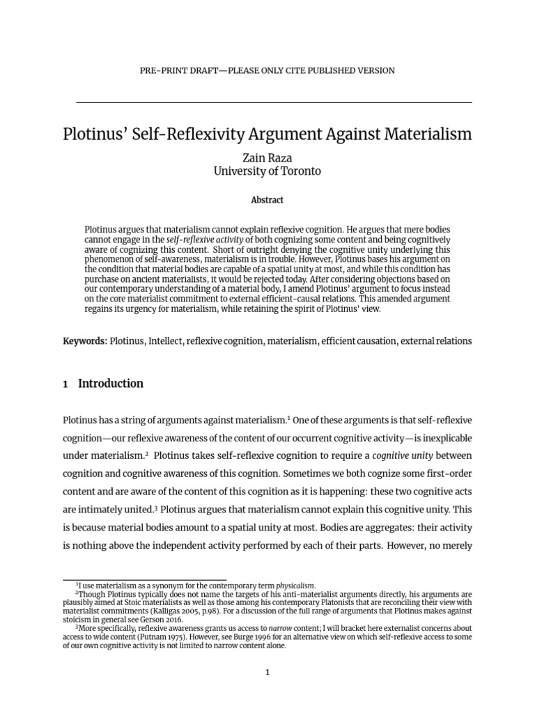 Plotinus on Self-Reflexivity vs. Materialism | PDF | Nous | Thought
