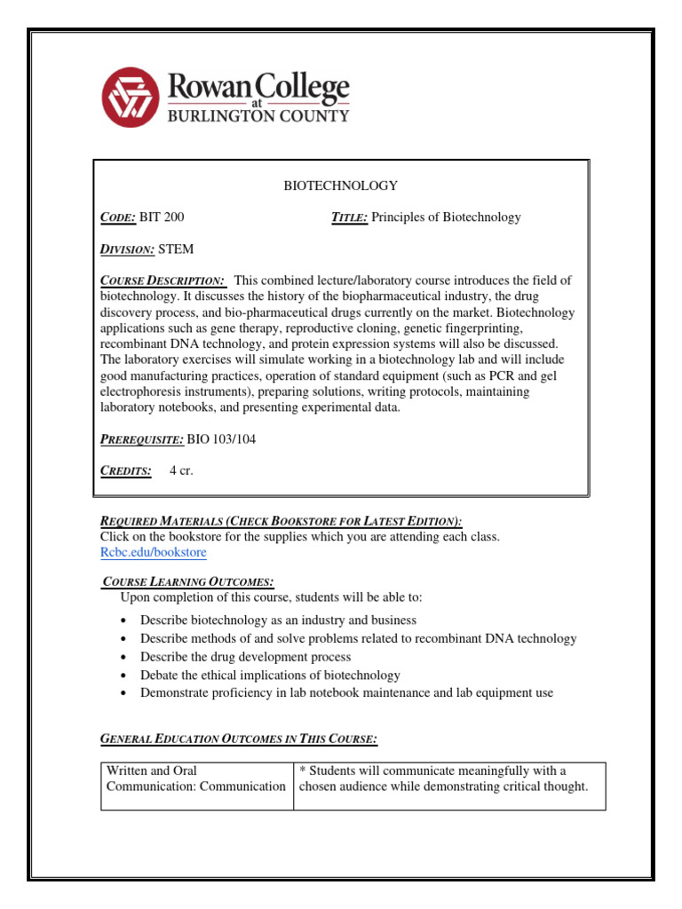 BIT 200 Course Outline - July 2020. | PDF | Biotechnology | Recombinant Dna
