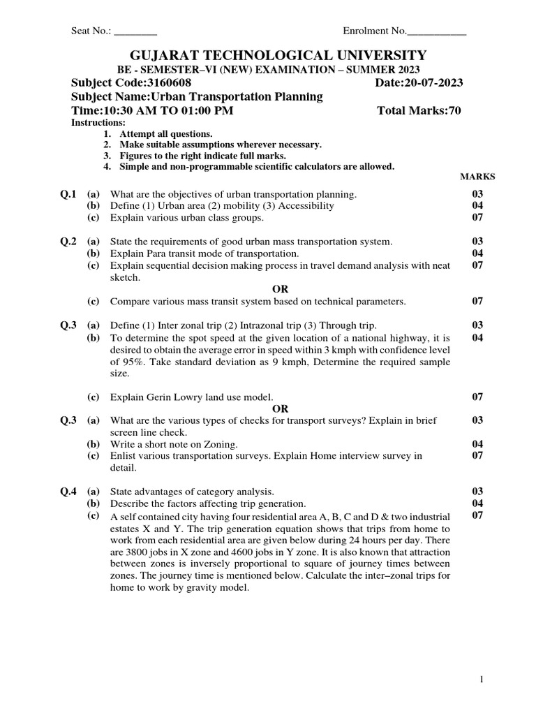 Gtu Civil 3160608 Summer 2023 | PDF | Transport | Applied Mathematics