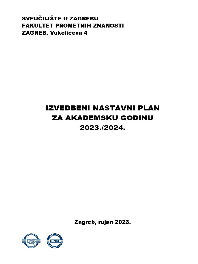 Izvedbeni Nastavni Plan Za Akademsku Godinu 2023. - 2024. | PDF