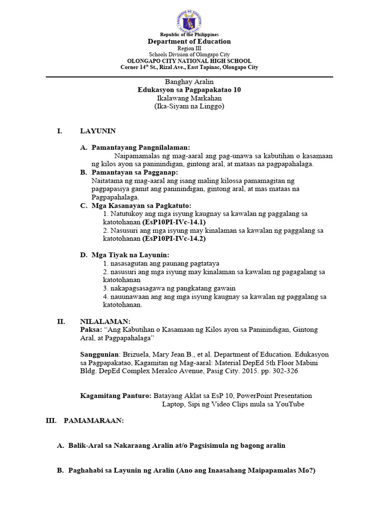 SDLP Esp 10 Q2 W3 1-15-24 | PDF
