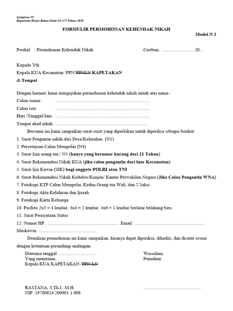 Formulir Permohonan Nikah Model N2 | PDF