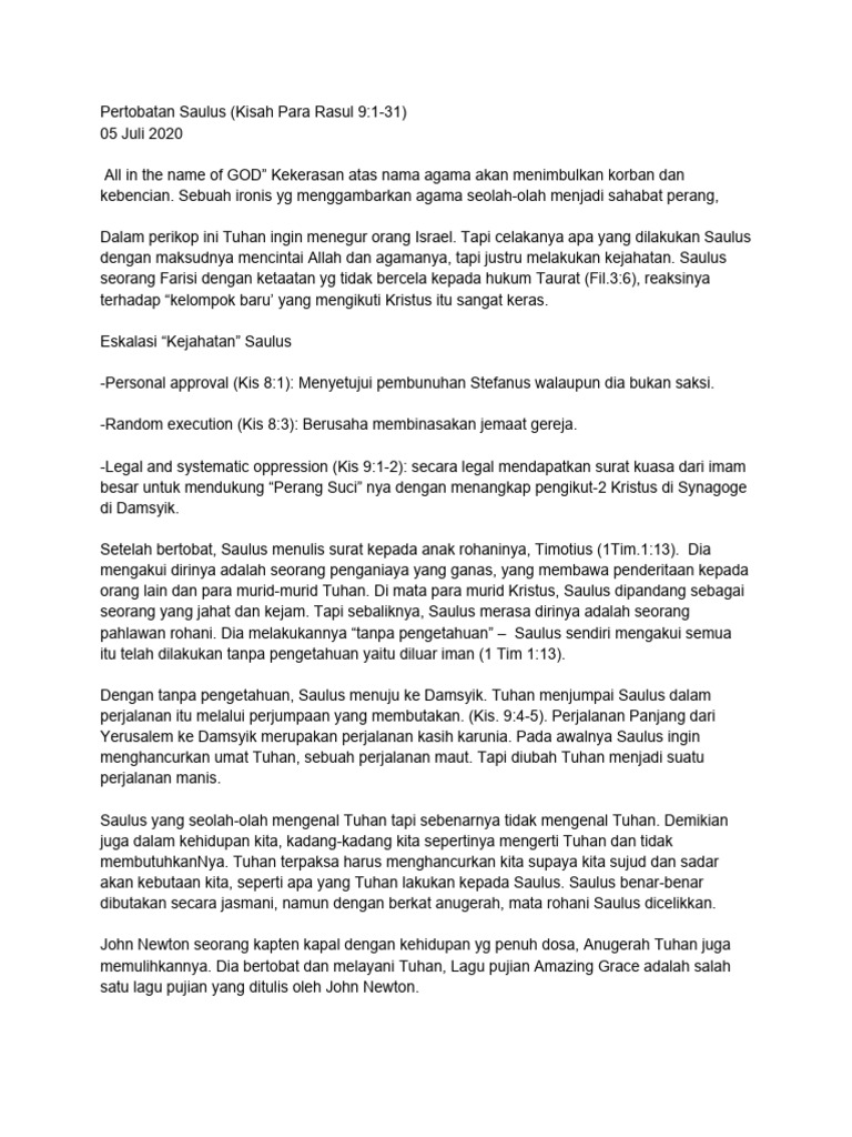 Pertobatan Saulus (Kisah para Rasul 9-1-31) | PDF