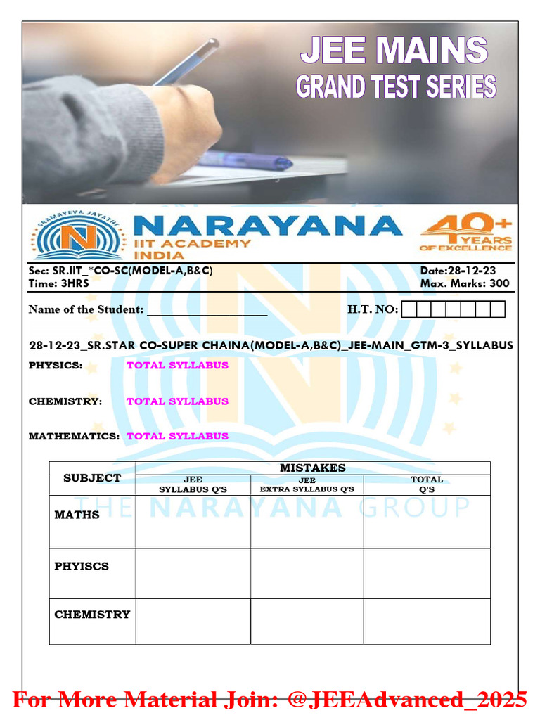 28.12.23 SR - Star Co-Sc (Model A, B&C) Jee Main Gtm-3 - QP | PDF | Mole (Unit) | Gases