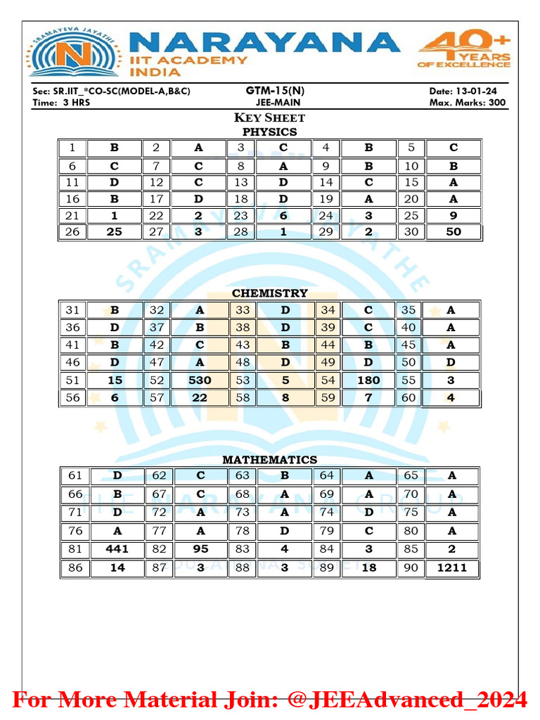 13 01 24 SR Star Co Scmodel A, B&C Jee Main GTM 15n Key&s | PDF | Chemistry | Physical Sciences