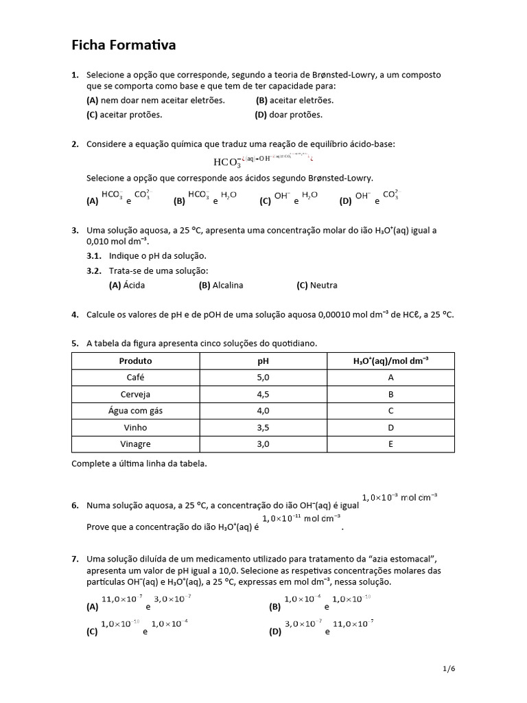 Ficha Formativa 1 | Download grátis PDF | Ácido | Ph
