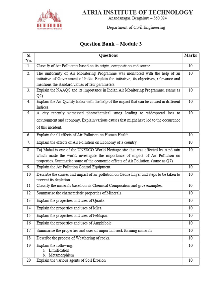 18CV656 CNR - Question Bank - Module 3 | PDF | Air Pollution | Minerals