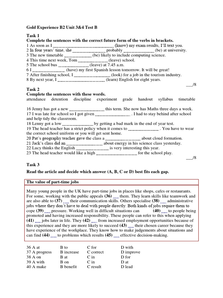 Gold Experience B2 Unit 3 4 Test B | PDF | Teachers | Learning