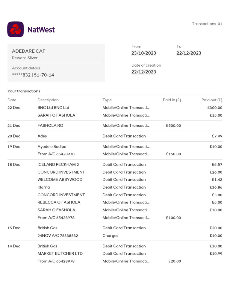 TXN 22122023 23102023 22122023 NatWest PDF | PDF | Debit Card ...