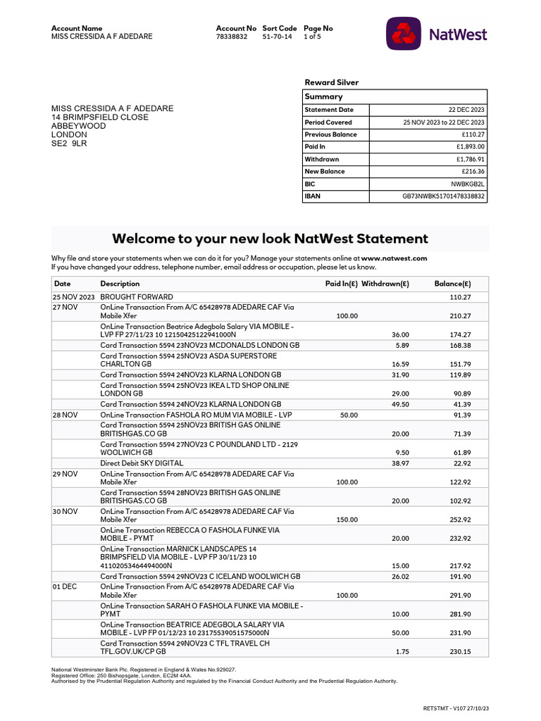 NatWest Account Statement Summary | PDF | Overdraft | Financial Services
