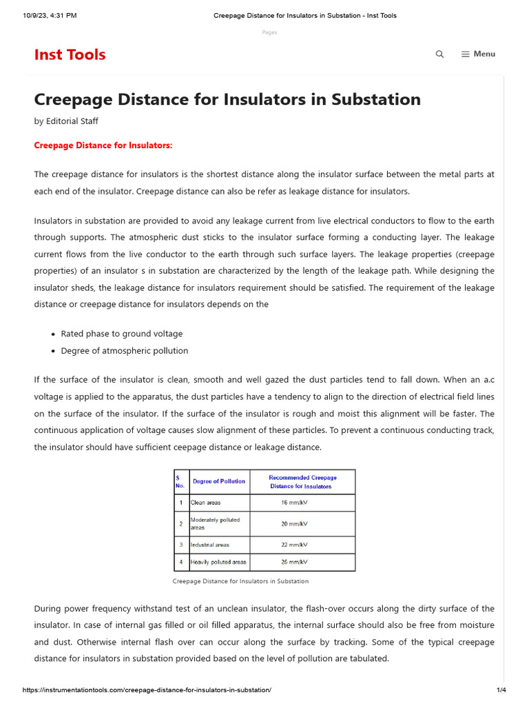 Creepage Distance for Insulators in Substation | PDF | Insulator ...