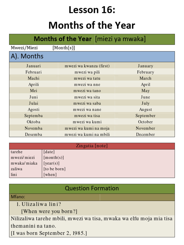 Miezi ya Mwaka kwa Kiswahili | PDF