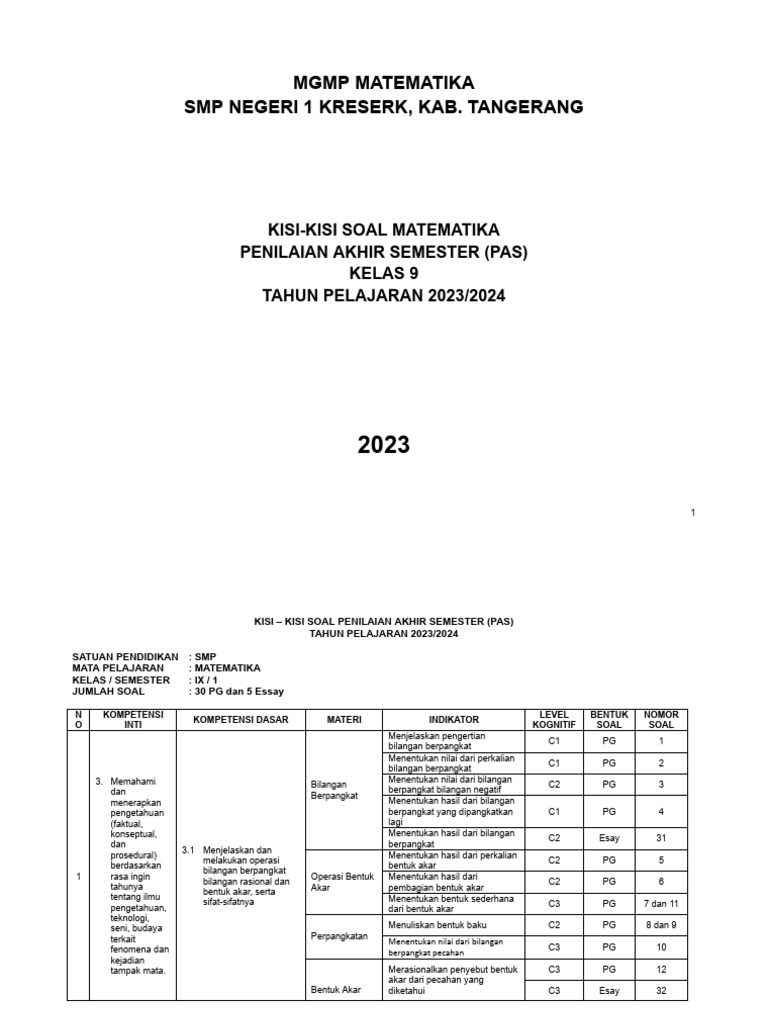 KISI-KISI SOAL KELAS 9 PAS MATEMATIKA 2023-2024 Ok | PDF