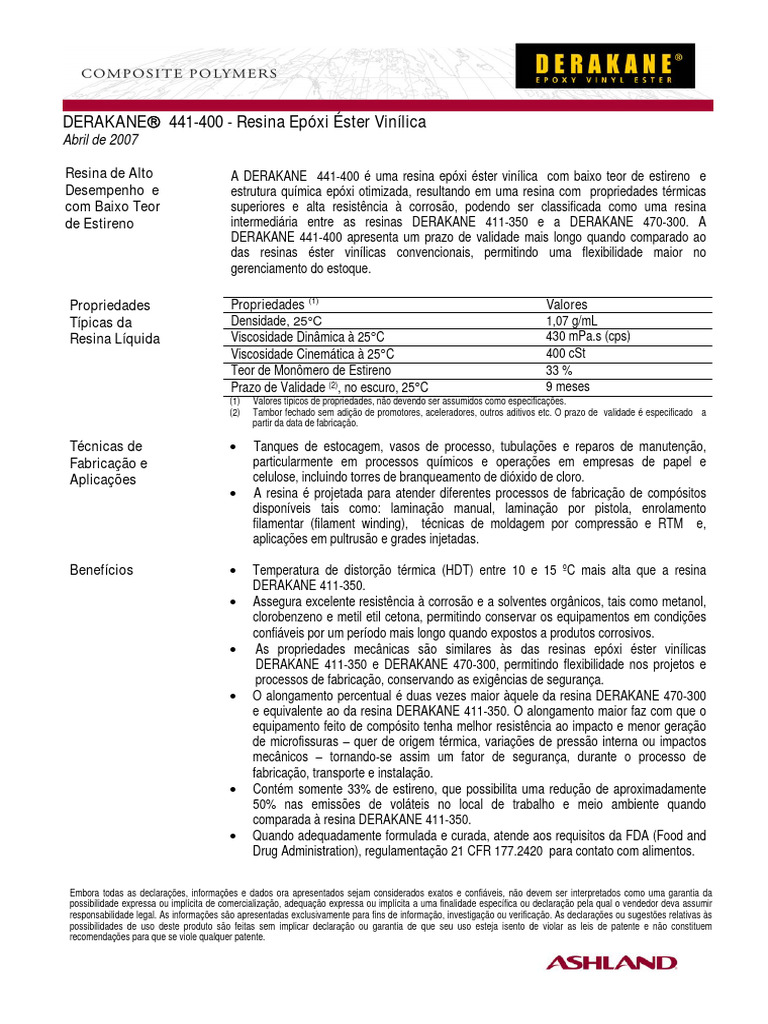 Boletim Técnico Derakane 441-400 | PDF
