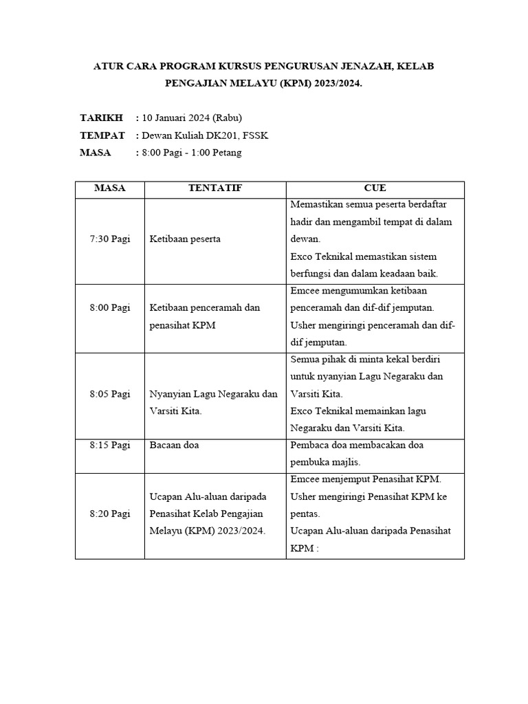 Atur Cara Program Kursus Pengurusan Jenazah | PDF