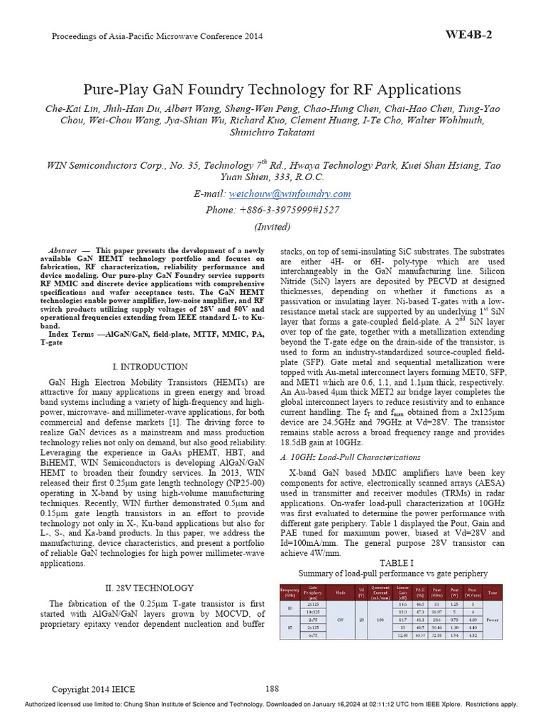 Pure-Play GaN Foundry Technology For RF Applications | PDF | Transistor ...