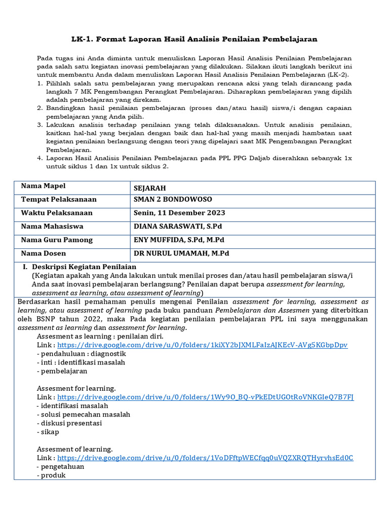Format Hasil Asesmen Pembelajaran - Diana Saraswati | PDF