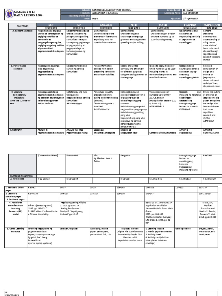 DLL All-Subjects-2 q2 w9 d1 | PDF