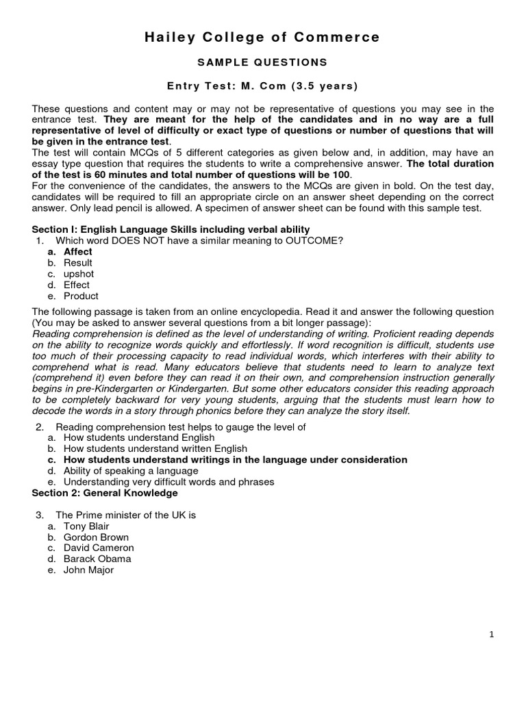 Entry Test Sample Questions MCom | PDF | Interest | Balance Sheet