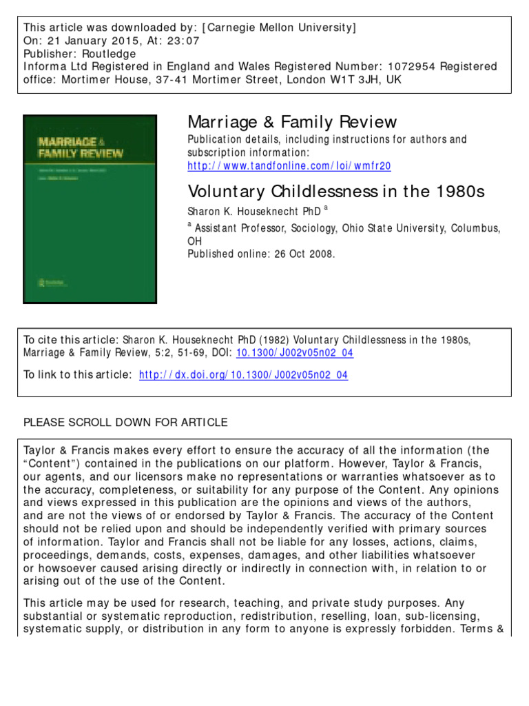Sharon K. Houseknecht PHD (1982) Voluntary Childlessness in The 1980s | PDF