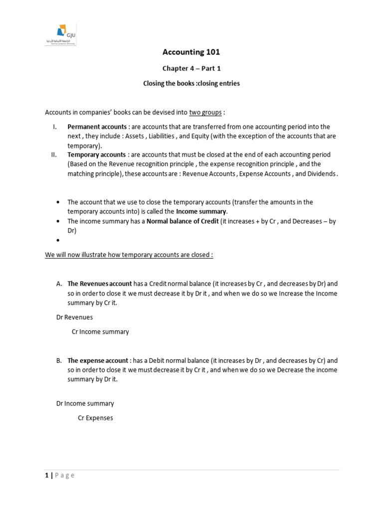 ACC 101 Chapter 4 - Part 1 (Closing Entires) | PDF | Debits And Credits ...