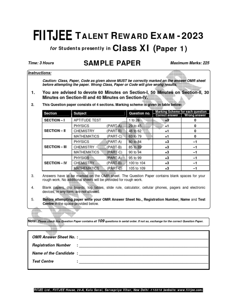 Ftre-2023-Sample Paper-Class-Xi-P1-At+pcm | PDF | Mass | Kinetic Energy