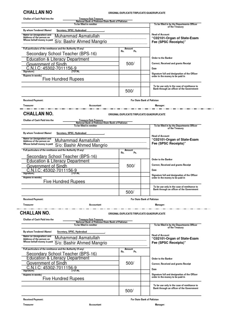 SPSC Exam Fee Payment Challan Form | PDF | Banks | Money