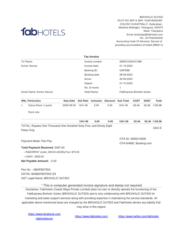 FabHotels 28ZEO 2324 01386 Invoice GAPSB8 | PDF | Invoice | Payments