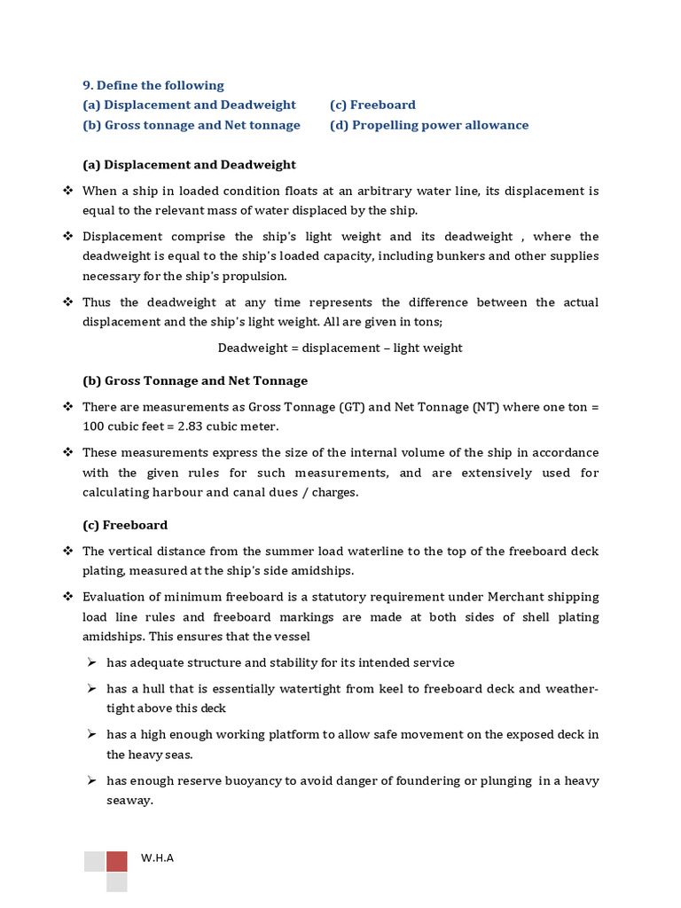 9.displacement Dead Weight Short Notes | PDF | Tonnage | Ships