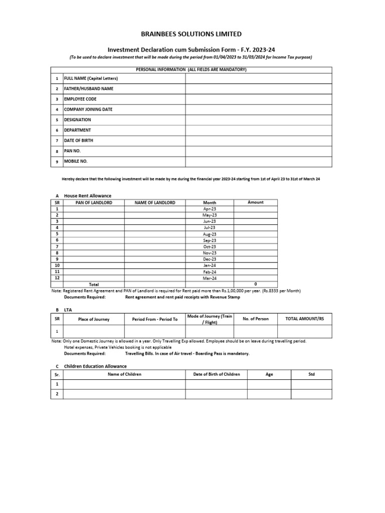 Investment Declaration Form FY 2023-24 | PDF | Insurance | Government ...