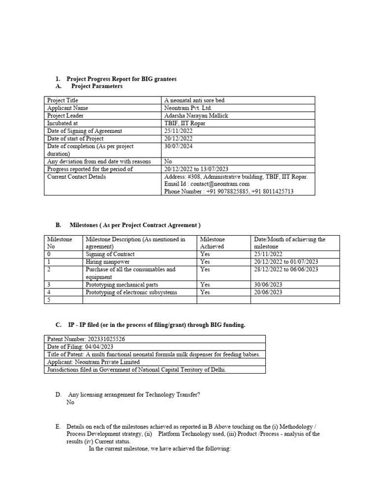Project Progress Report For BIG Grantees A. Project Parameters | PDF ...