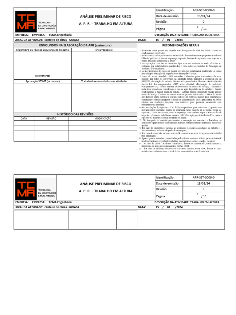 APR Trabalho em Altura TCMA | PDF | Eletricista | Capacete