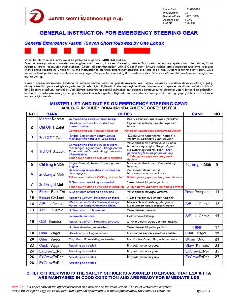 412.003 General Instruction For Emergency Steering Gear | PDF