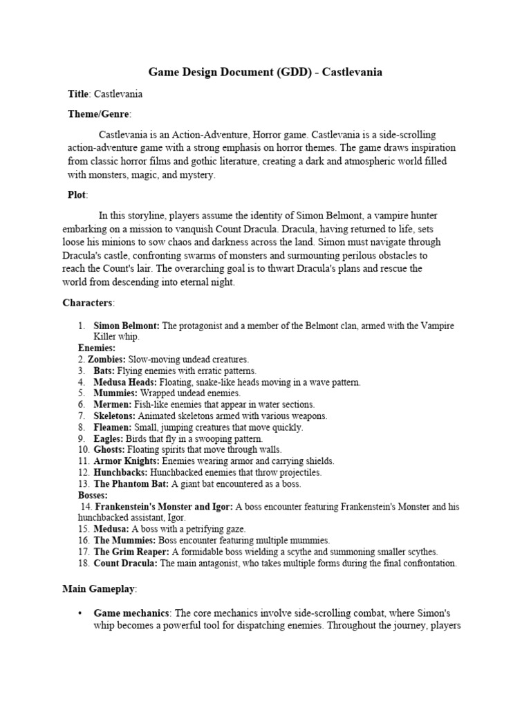 GDD Activity 1 - Castlevania | PDF | Monsters | Horror Films
