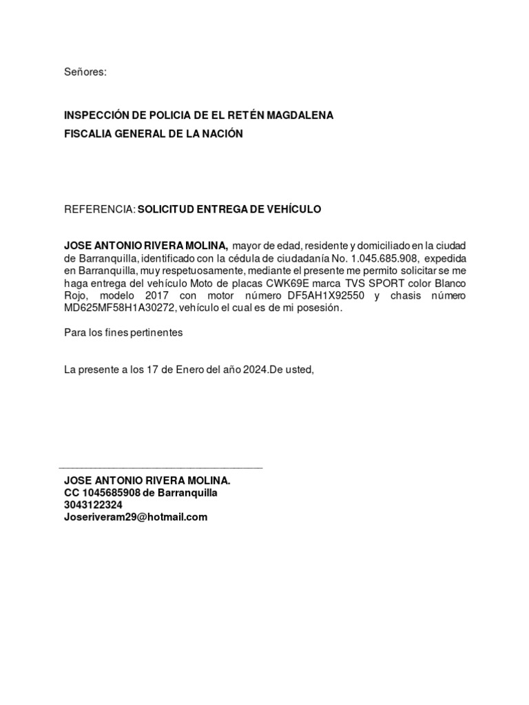 Solicitud Entrega de Vehiculo | PDF