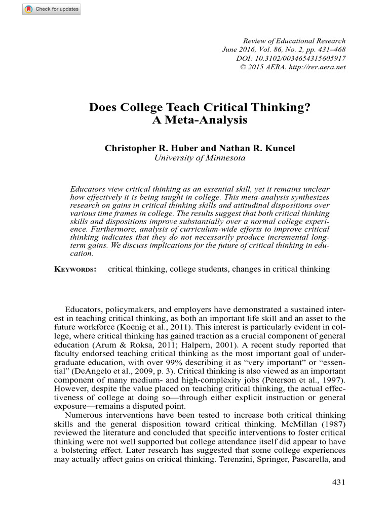 Huber Kuncel 2016 Does College Teach Critical Thinking A Meta Analysis ...