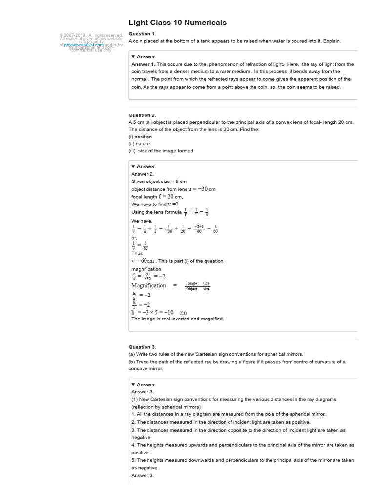 Light Reflection and Refraction Class 10 Numericals | PDF | Refractive Index | Refraction