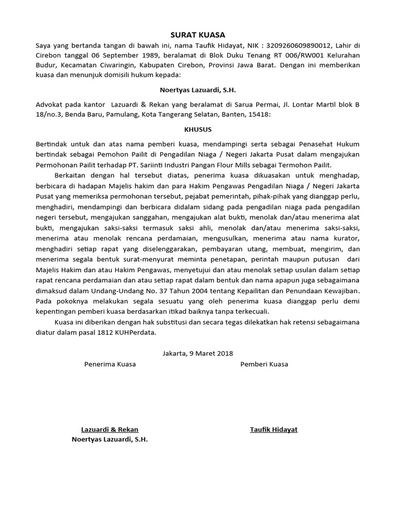SURAT KUASA Pailit Taufik Hidayat | PDF