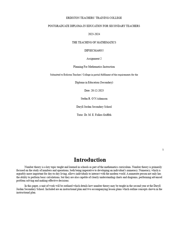 Stefan Adamson - Math Methods Assignment 2 - Instructional Plan and ...