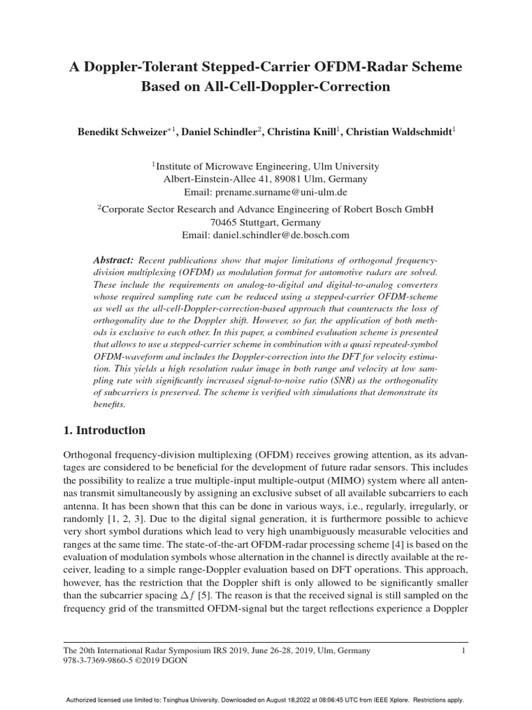 A Doppler Tolerant Stepped Carrier Ofdm Radar Scheme Based On All Cell Doppler Correction Pdf 