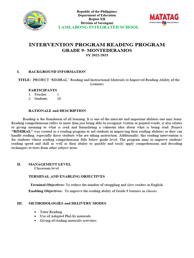 Grade 9 Reading Intervention Plan S.Y 2022-2023 English | PDF | Reading Comprehension ...