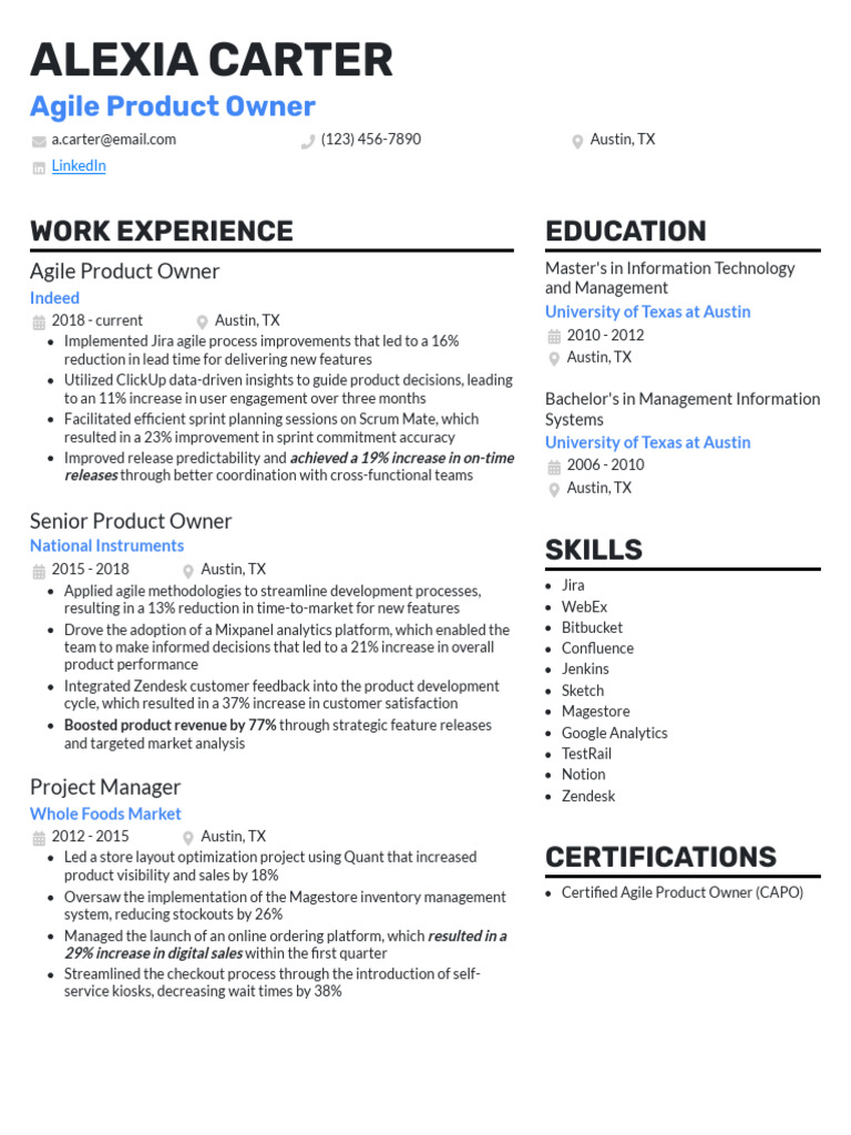 Agile Product Owner Resume Example | PDF | Scrum (Software Development ...